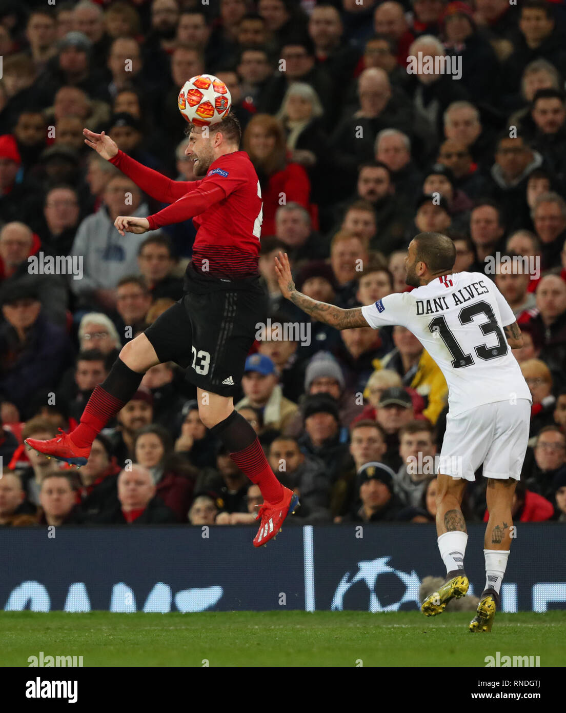MANCHESTER, ENGLAND - FEBRUARY 12 2019: Luke Shaw of Manchester United ...