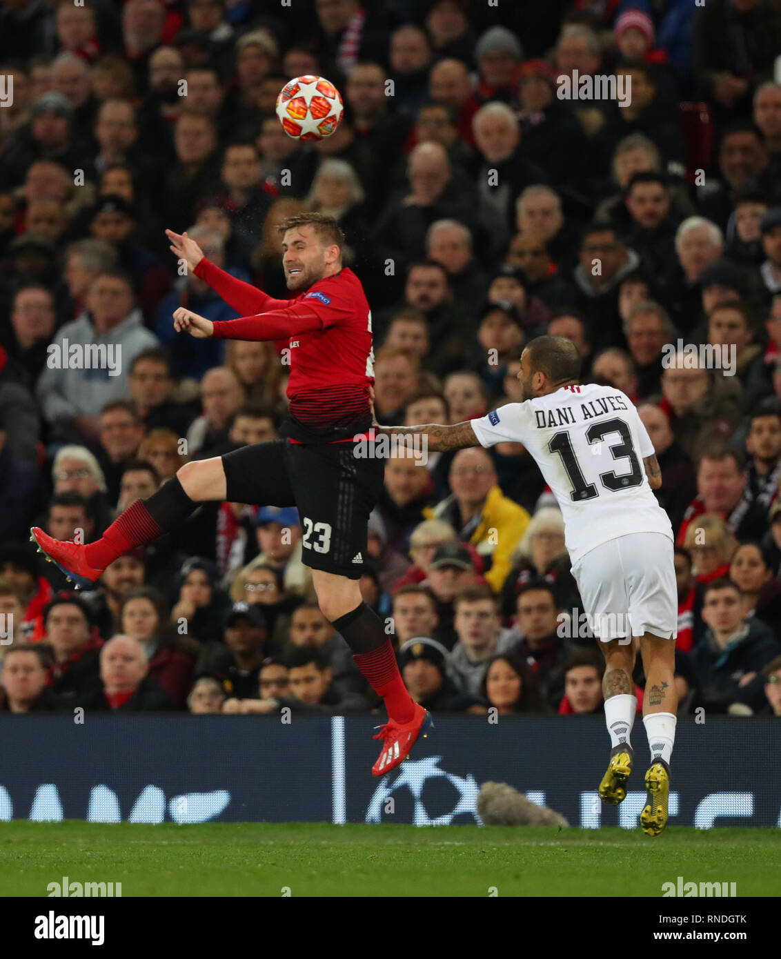 MANCHESTER, ENGLAND - FEBRUARY 12 2019: Luke Shaw of Manchester United ...