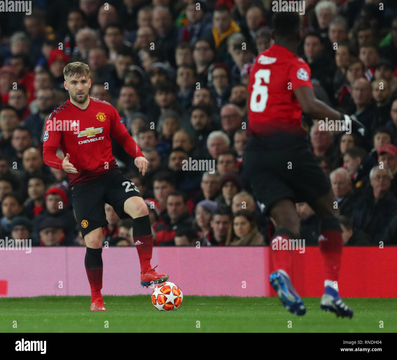 MANCHESTER, ENGLAND - FEBRUARY 12 2019: Luke Shaw of Manchester United ...