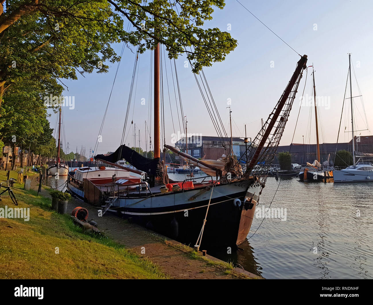 Traditional historical sailing ship in the harbor from Muiden in the ...
