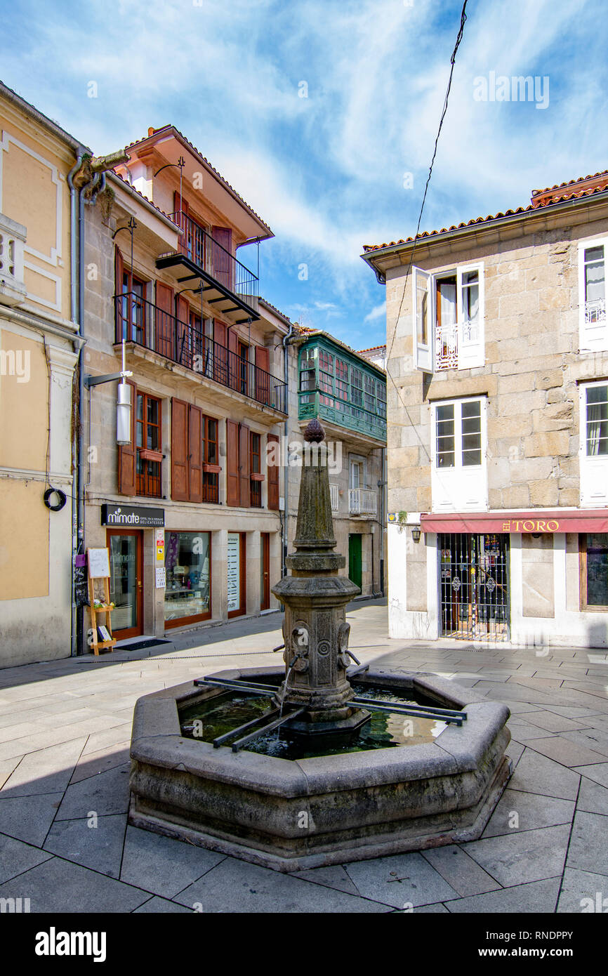 Pontevedra, Galicia, Spain; September 2018: detail of a fountain in a ...