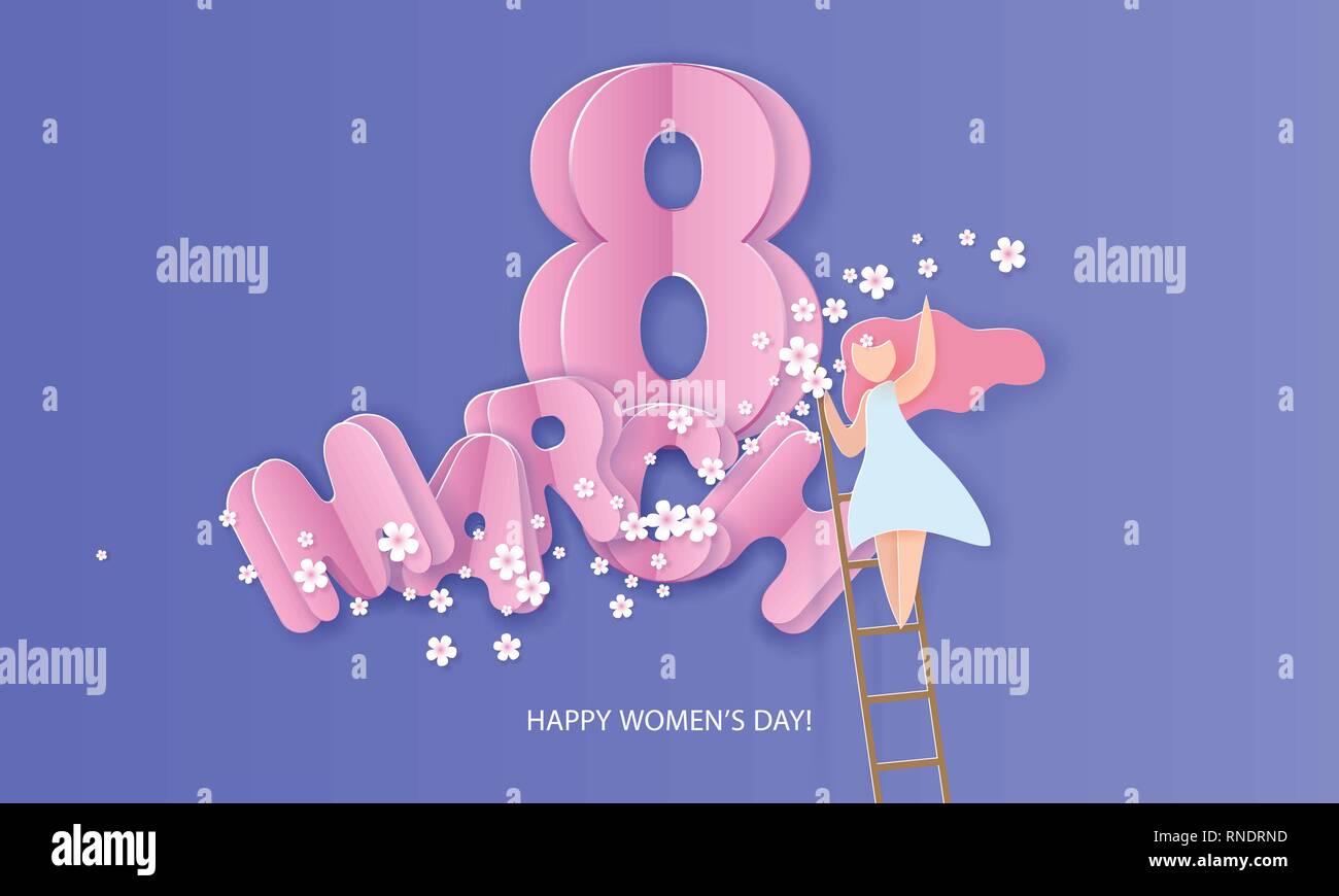 Happy 8 March womens day card. Woman on stairs decorates large letters ...