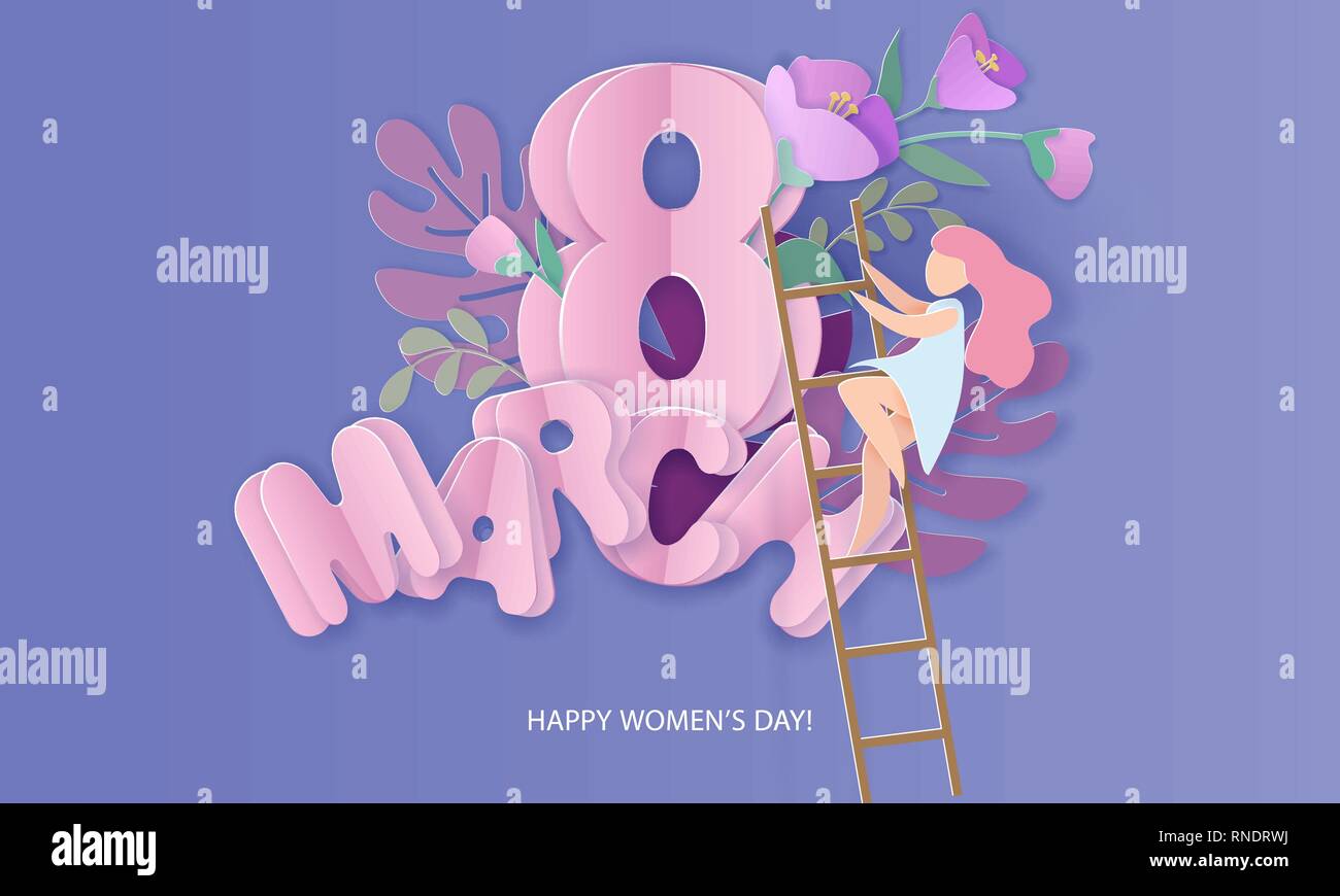 Happy 8 March womens day card. Woman on stairs decorates with flowers ...
