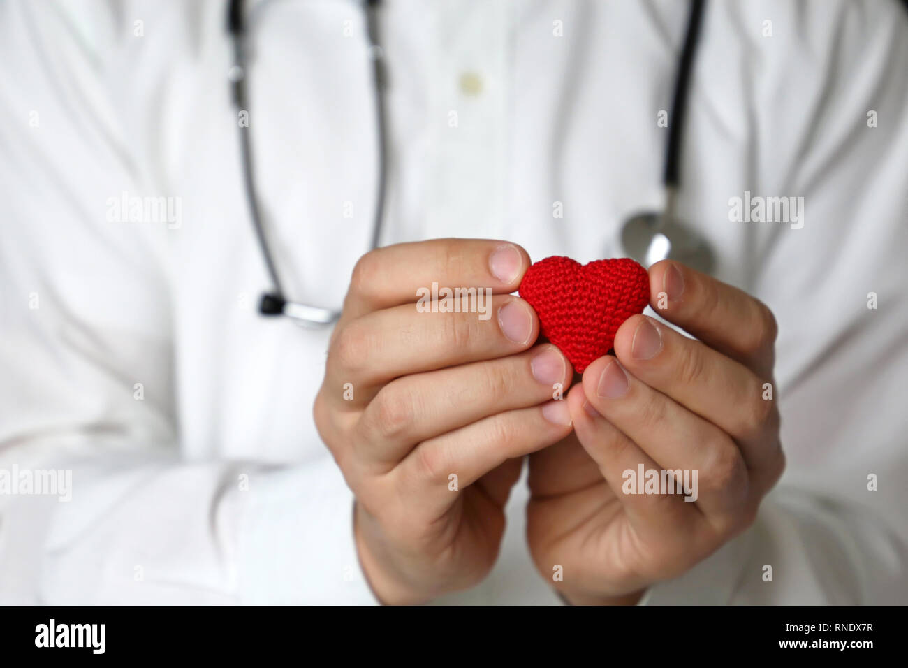 Cardiologist appointment, doctor with stethoscope holding red knitted ...