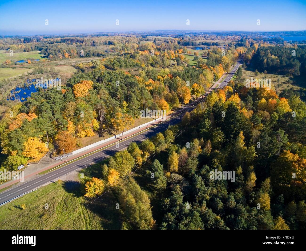 Aerial view of beautiful landscape of Mazury region during autumn ...
