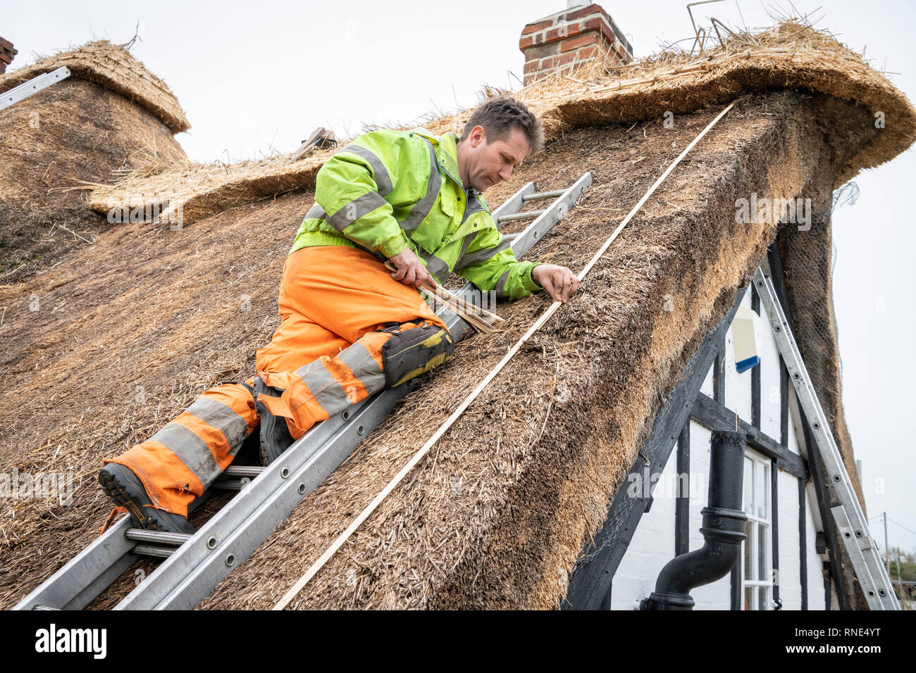 Cambridgeshire, UK. 18th Feb, 2019. The thatched roof of an old cottage ...