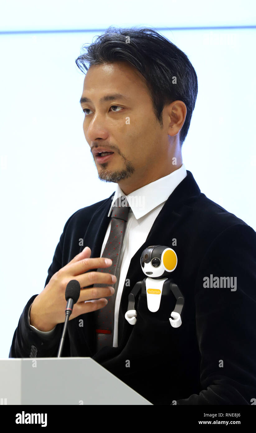 Tokyo, Japan. 18th Feb, 2019. Japanese robot creator Tomotaka Takahashi ...