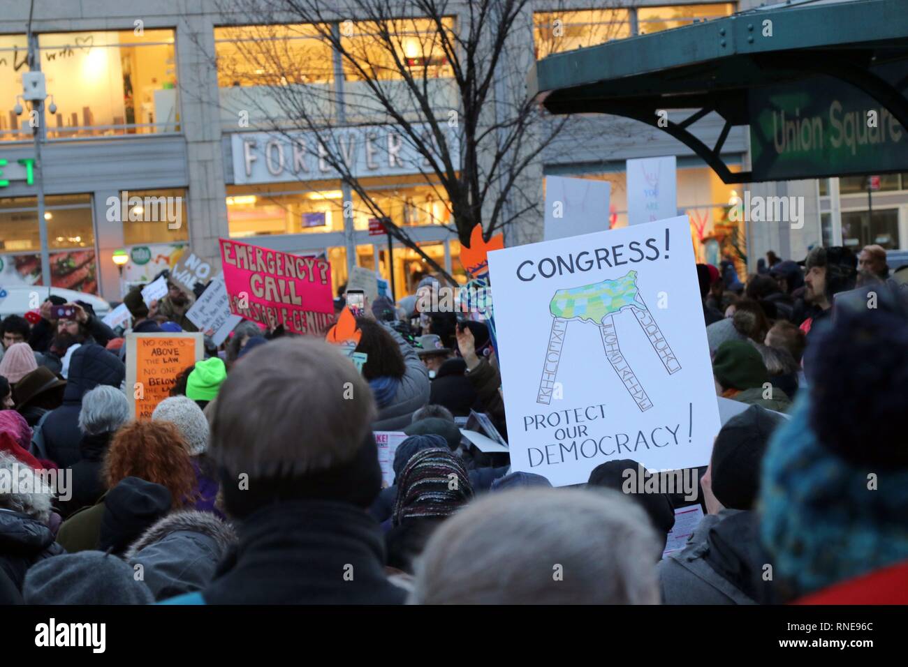 New York, NY, USA. 18th Feb, 2019. Large crowd rallied at Union Square ...
