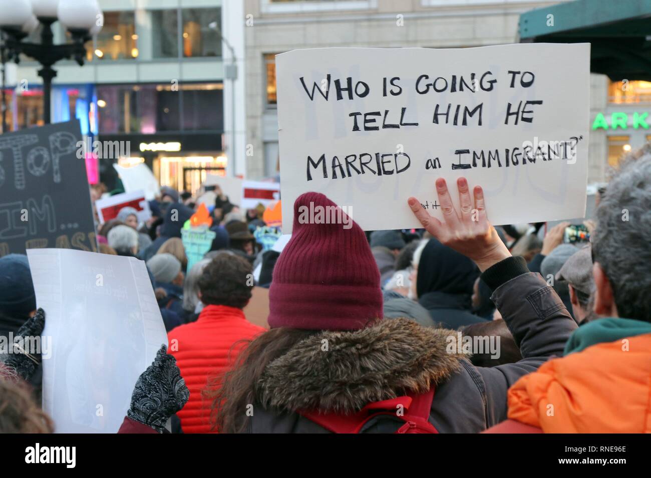 New York, NY, USA. 18th Feb, 2019. Large crowd rallied at Union Square ...