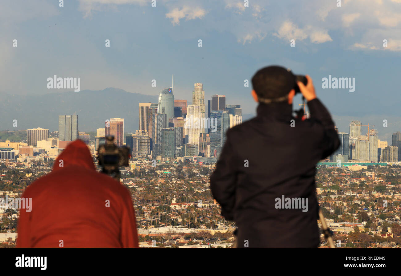 Los Angeles, USA. 18th Feb, 2019. People take photos of downtown Los ...