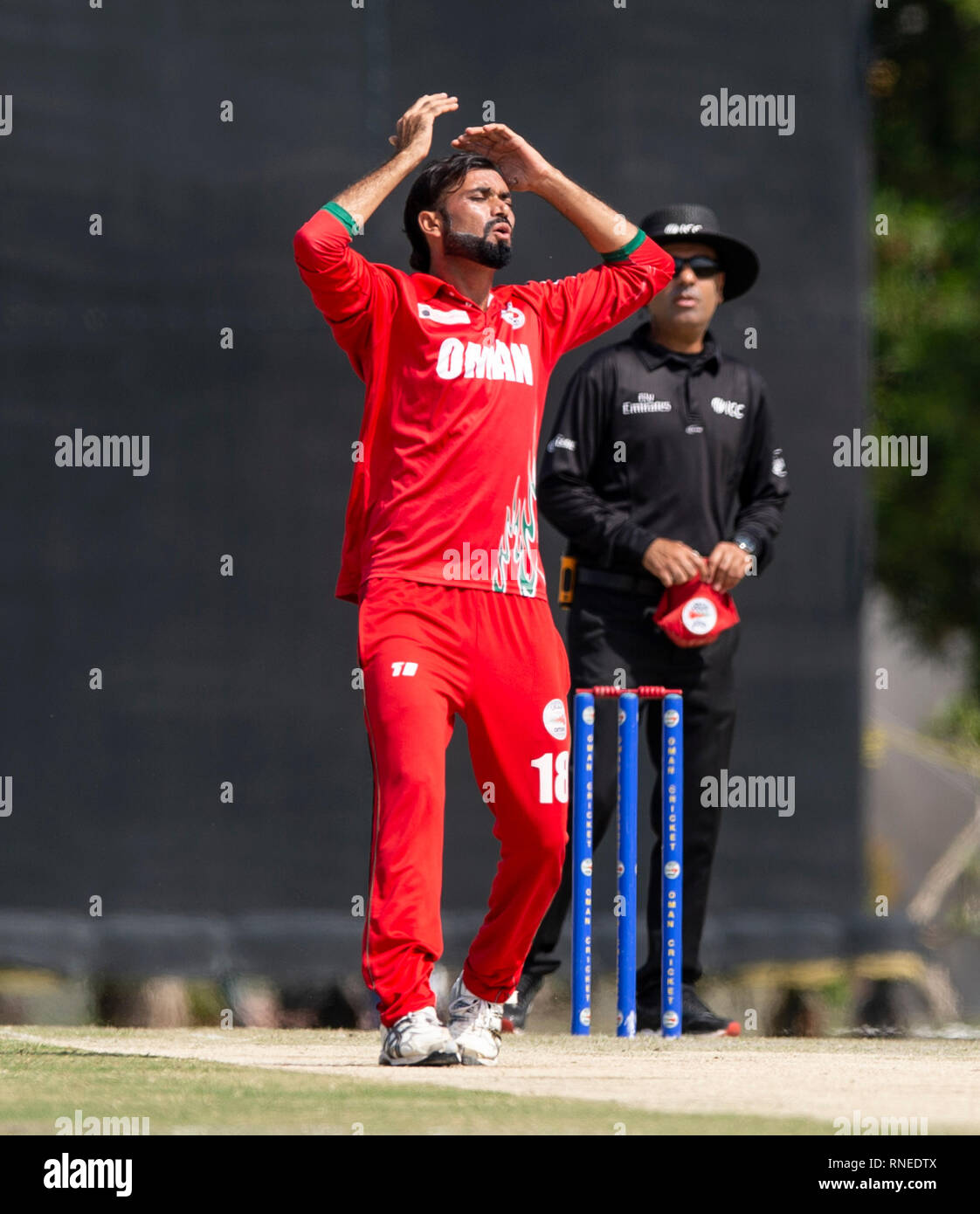 Muscat, Oman. 19th Feb, 2019. Pic shows: A frustrated Oman's Bilal Khan ...