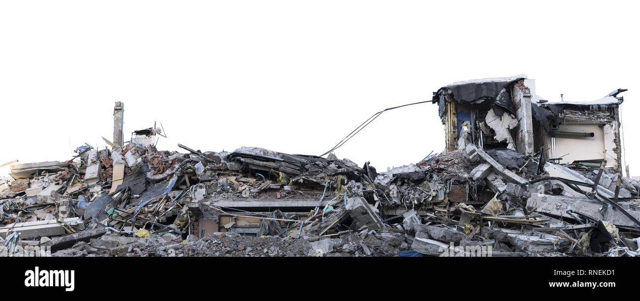 Isolated pile of rubble from a dismantled building at a demolition site ...