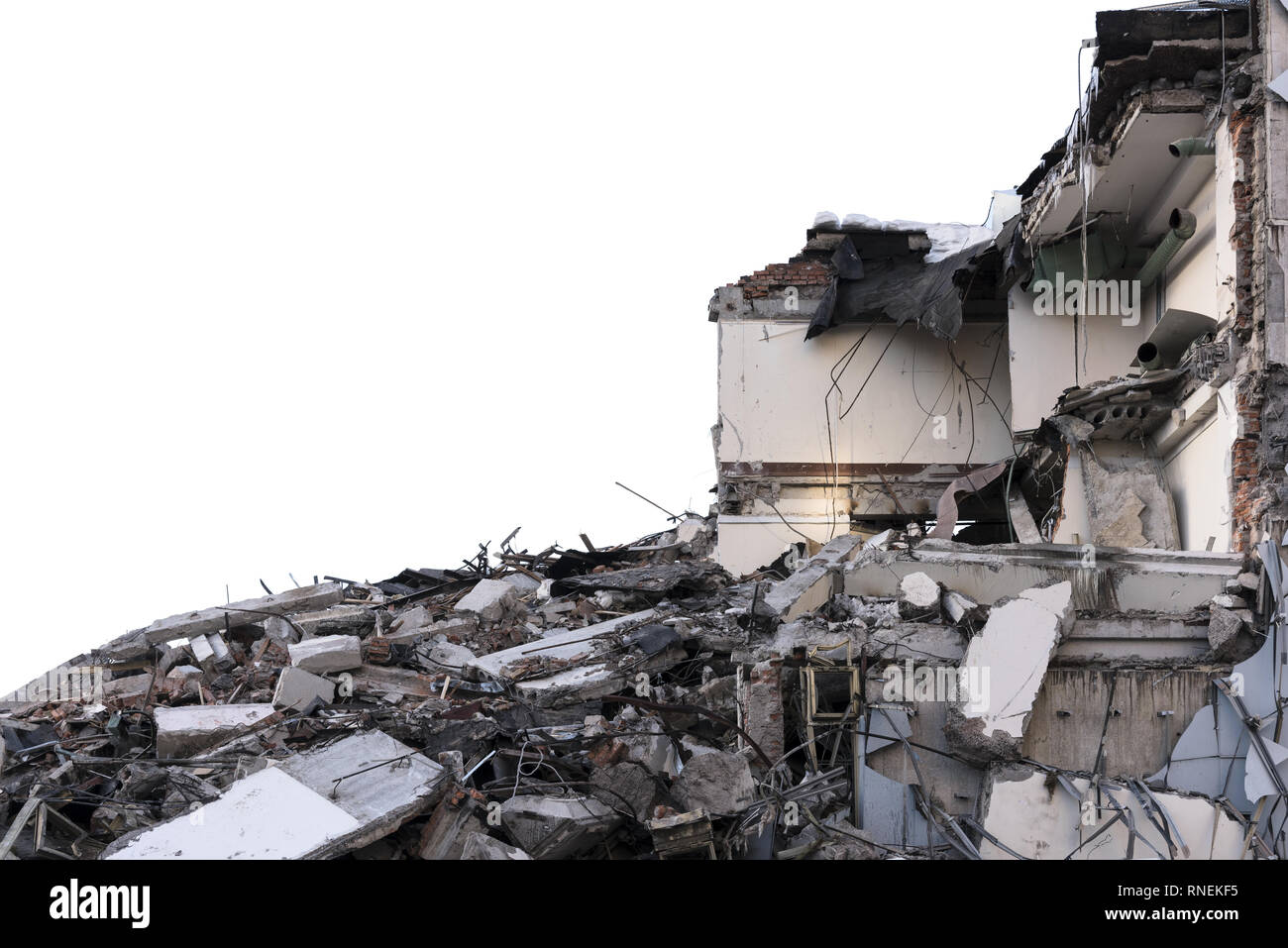 Isolated pile of rubble from a dismantled building at a demolition site ...