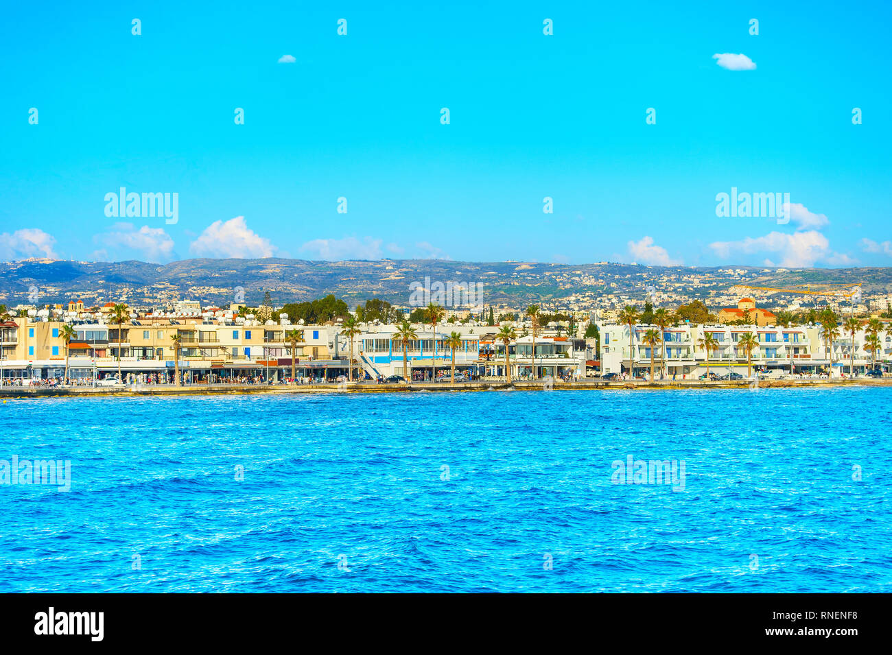 Skyline of Paphos embankment at sunset, Cyprus Stock Photo - Alamy