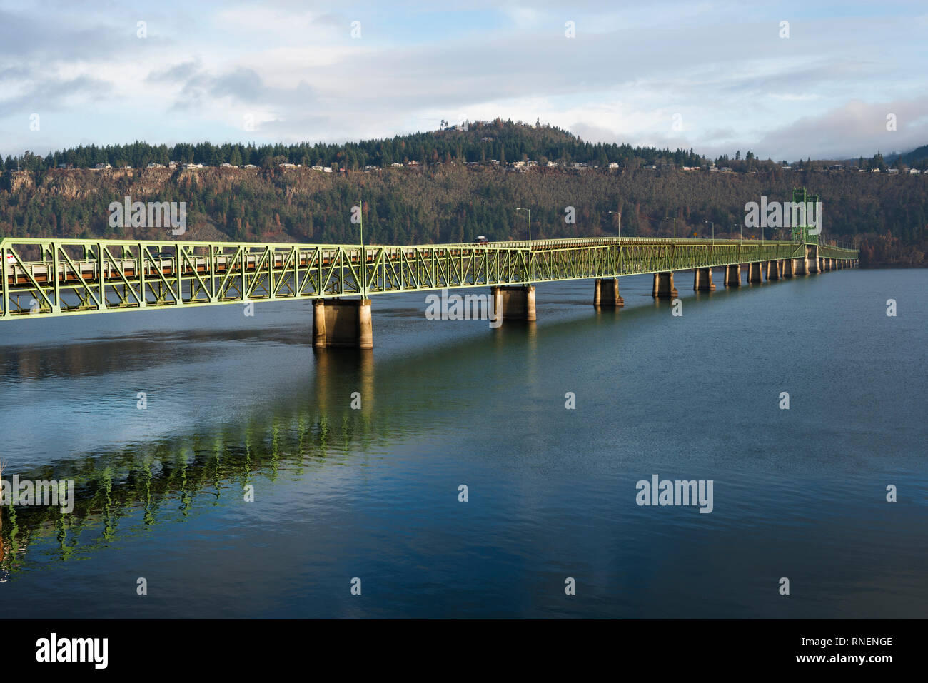 The Hood River Bridge in the Columbia River Gorge on a cool winter ...