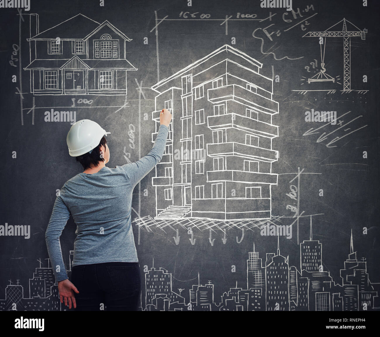 Rear view of creative young woman civil construction engineer or ...