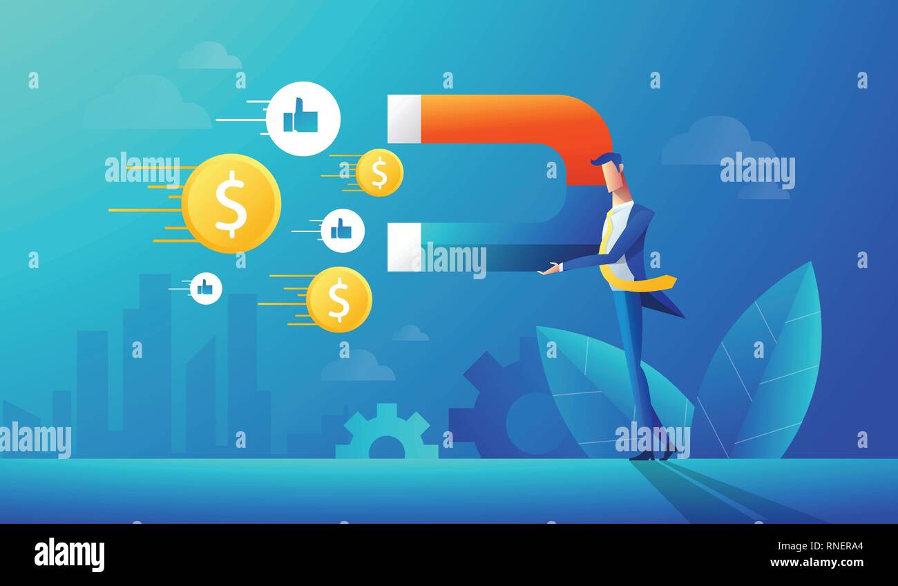 Businessman using a big magnet to attract money. Vector artwork ...