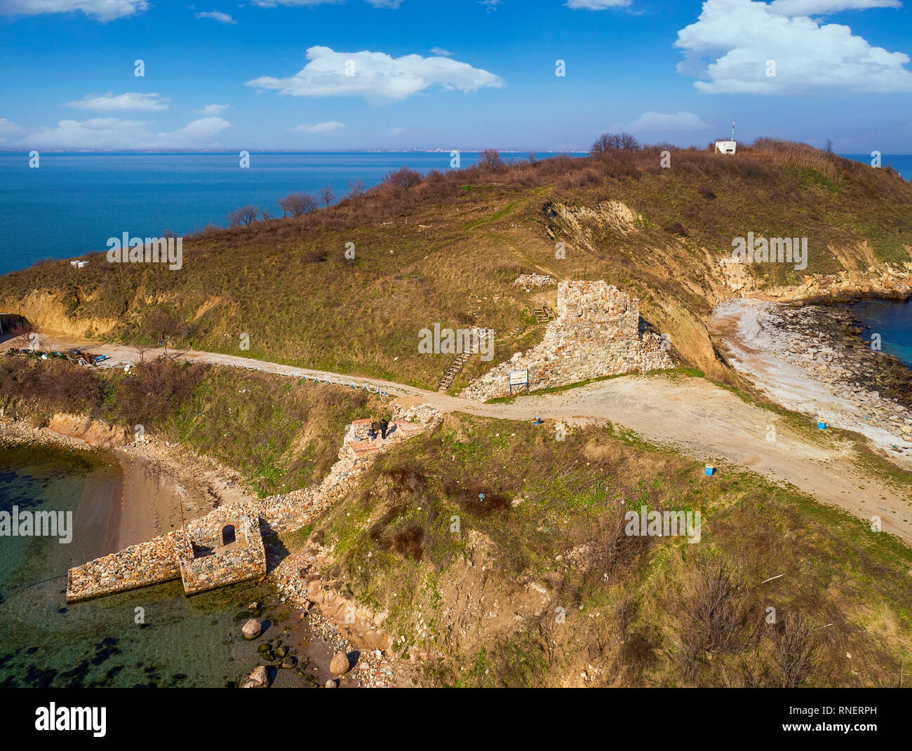 Drone top view over cape and fortress Akin/Akra-Chernomorec,Bulgaria ...