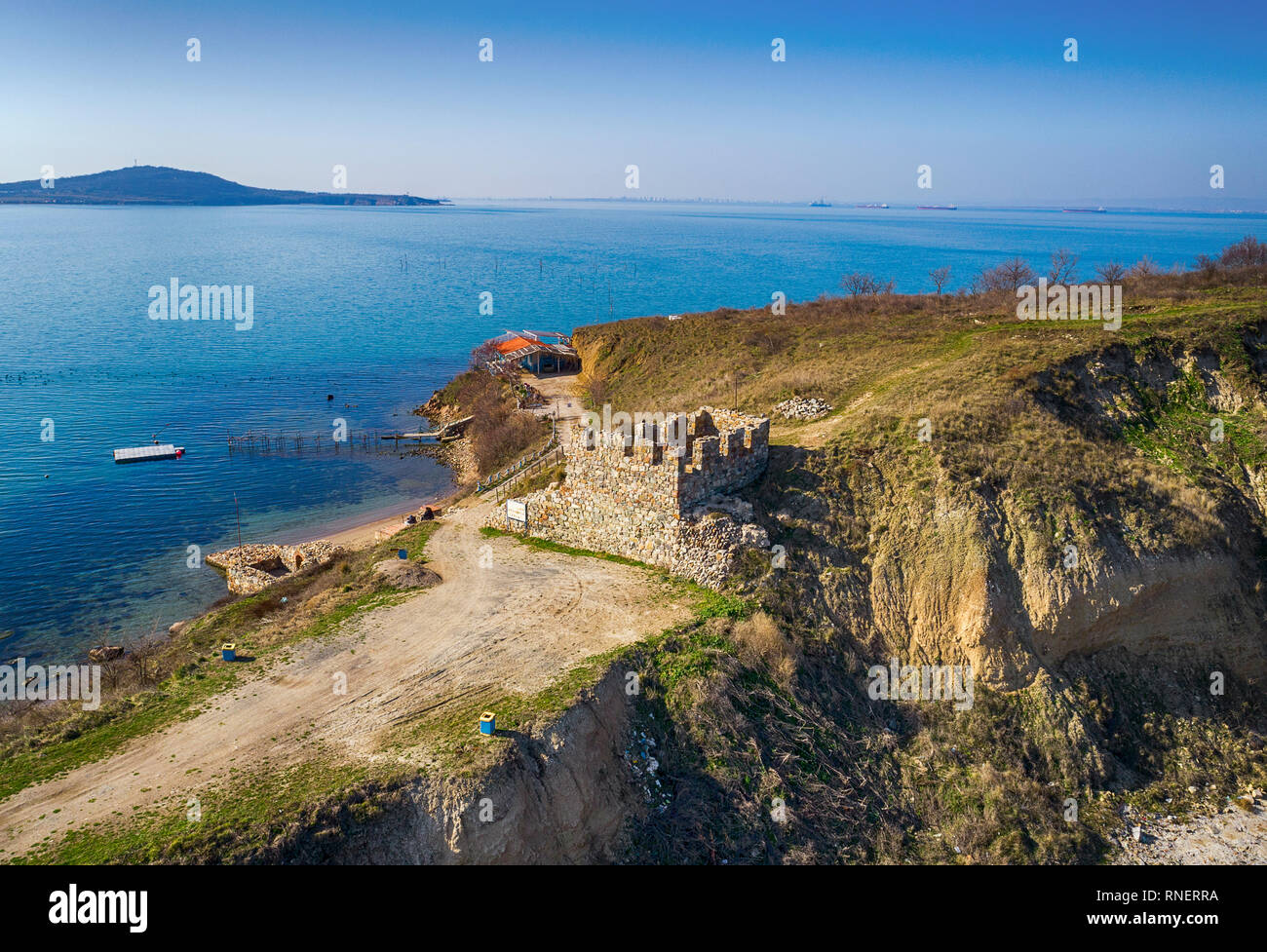 Drone top view over cape and fortress Akin/Akra-Chernomorec,Bulgaria ...