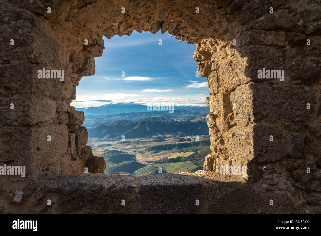 View on the Pyreneans moutains from Queribus castle in Corbieres ...