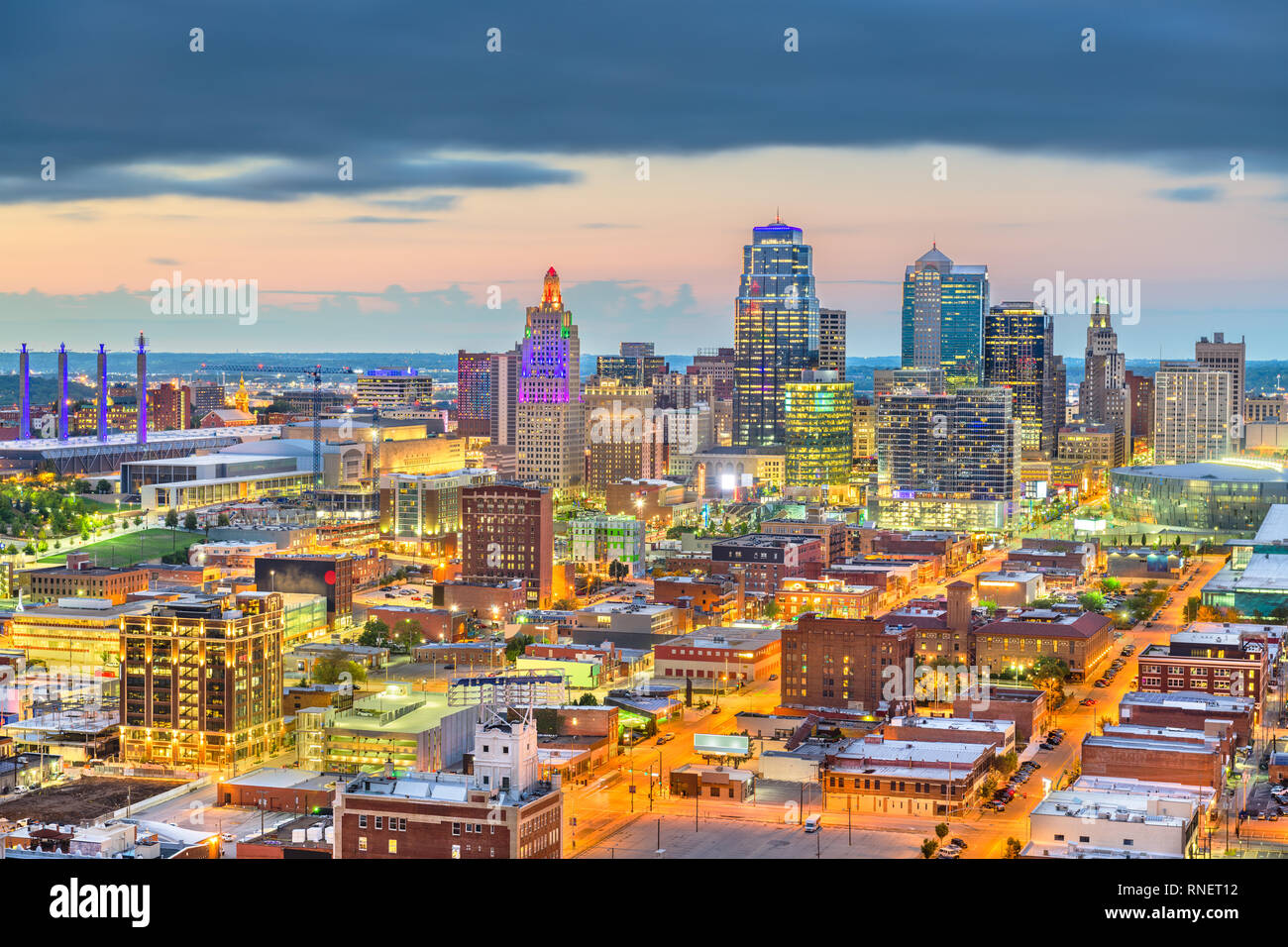 Kansas City, Missouri, USA downtown cityscape at twilight from above ...