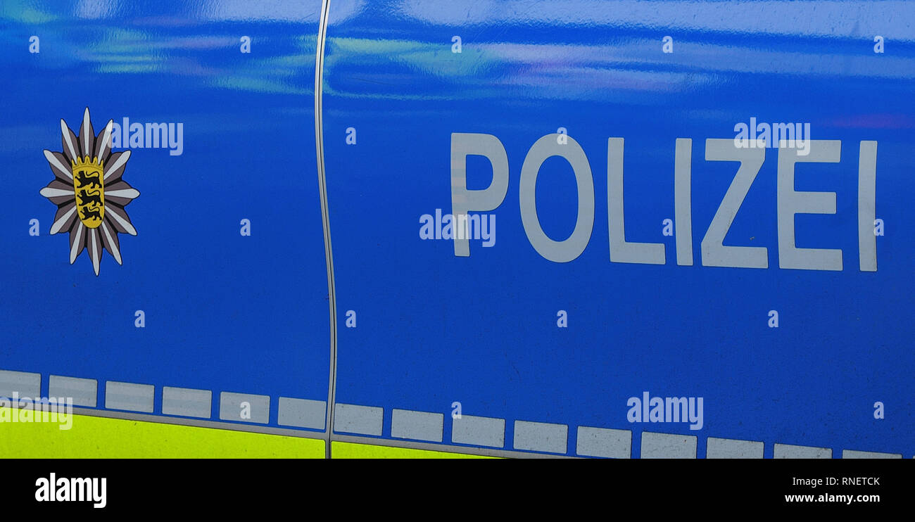 Ulm, BW, Germany-February 14th 2019: blue police car with coat of arms ...