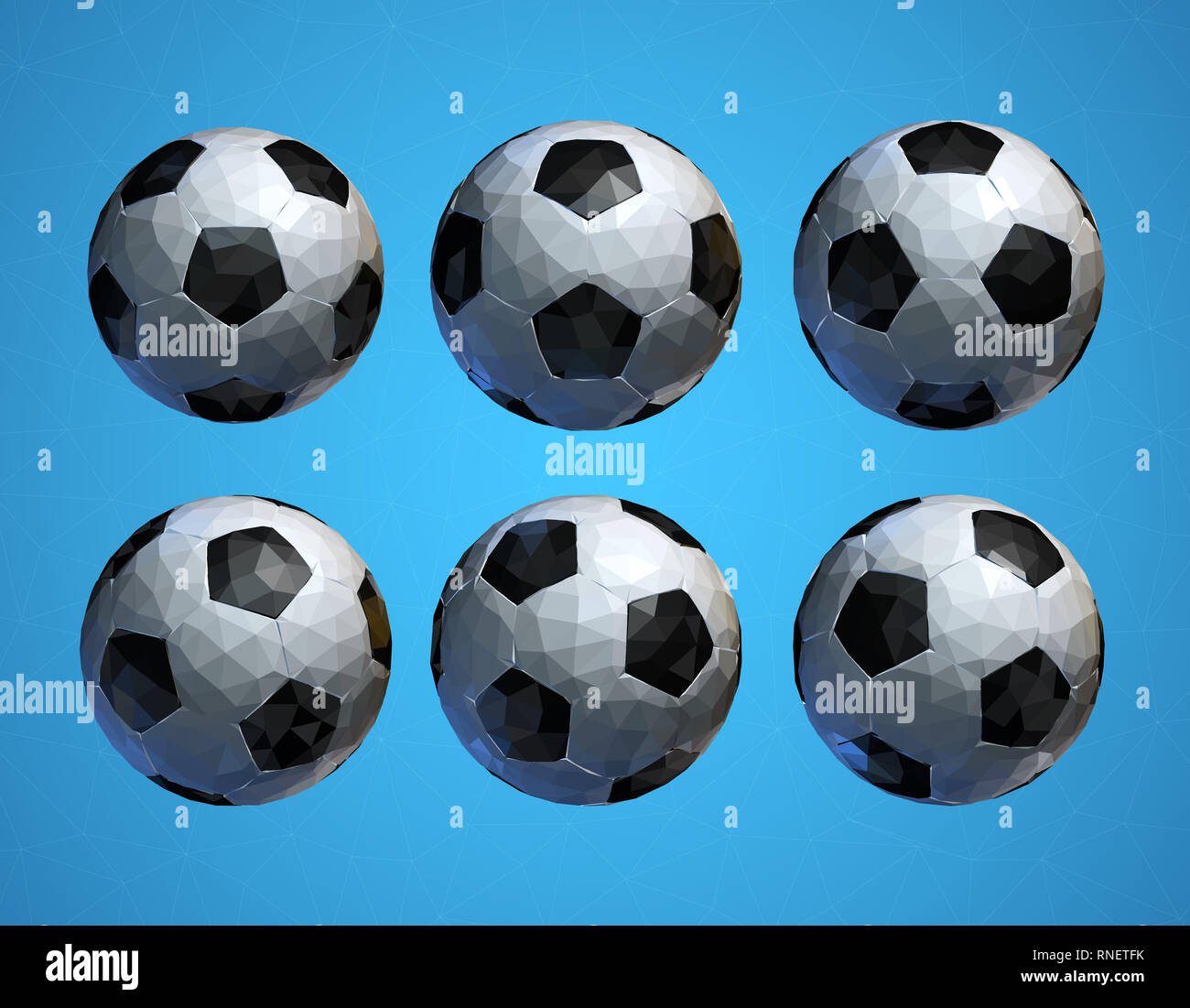 Low poly 3D football soccer ball in six viewing angles on blue ...
