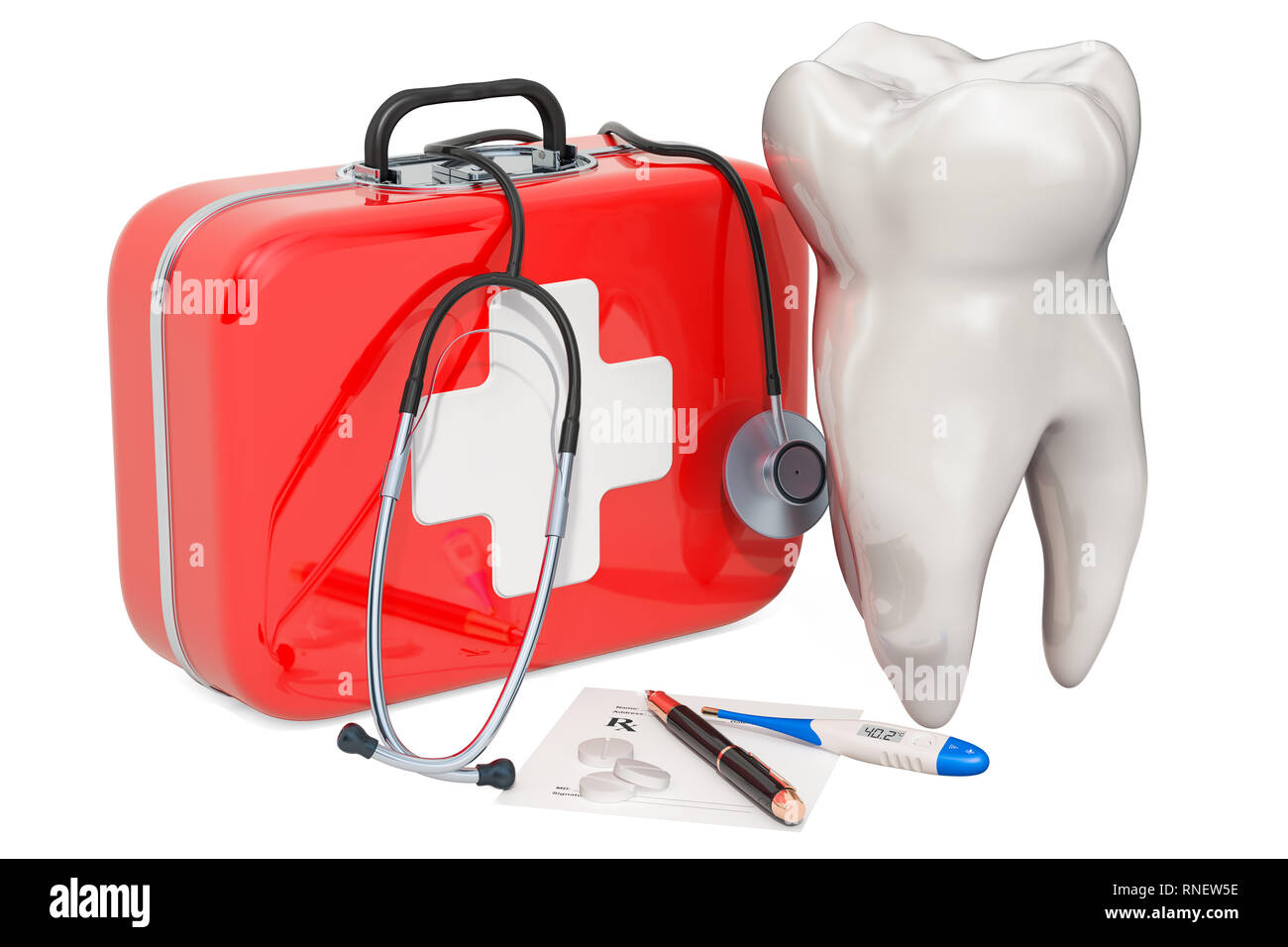 Dental first aid concept. Tooth with First Aid Kit, 3D rendering ...