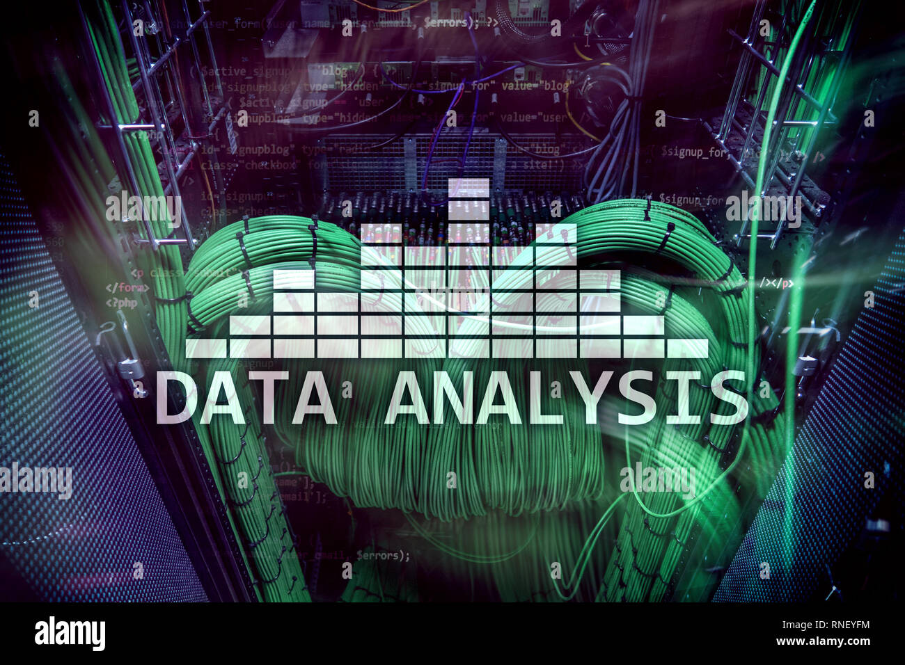 Big Data analysis text on server room background. Internet and modern ...