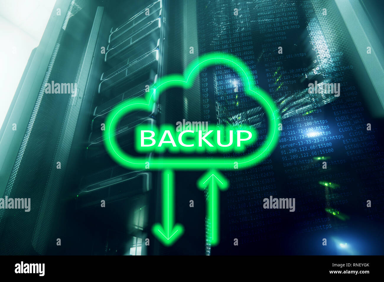 Backup button on modern server room background. Data loss prevention ...