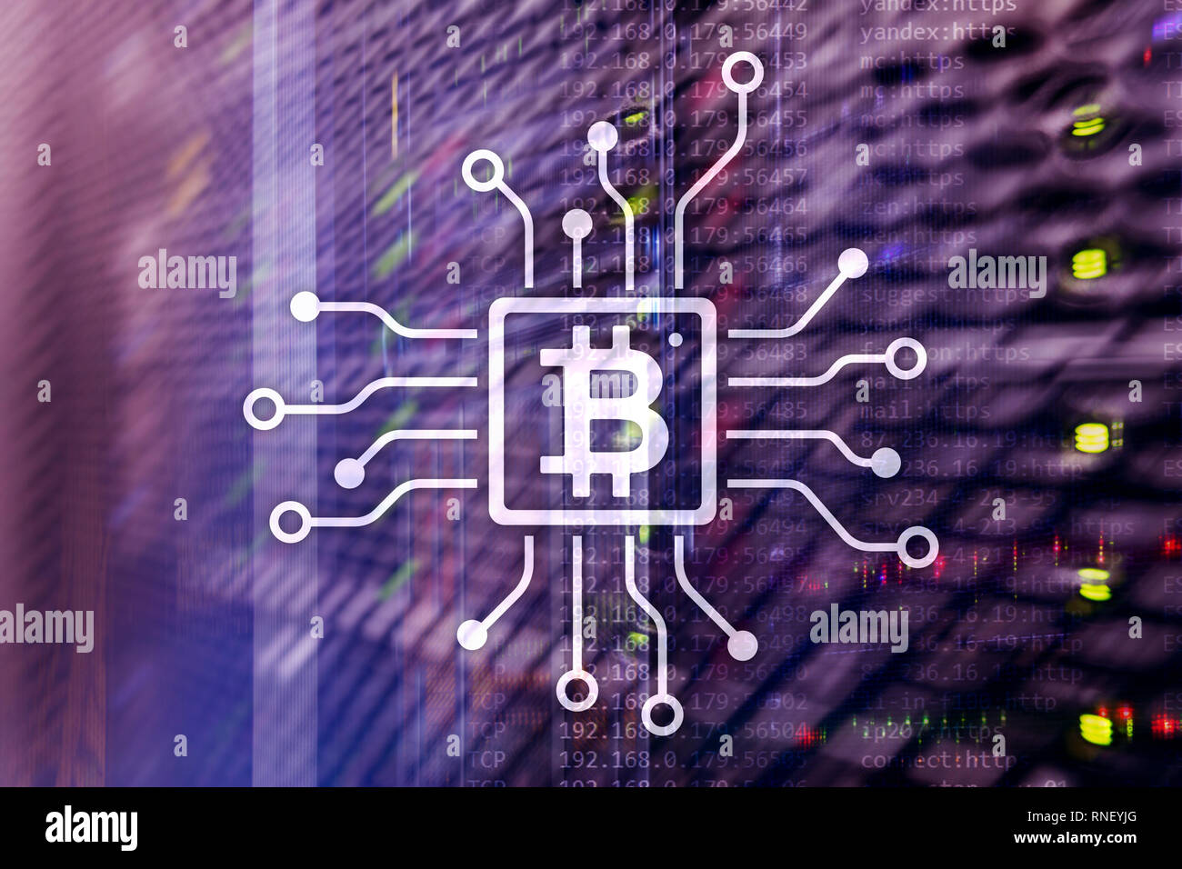 Bitcoin, Blockchain concept on server room background Stock Photo - Alamy