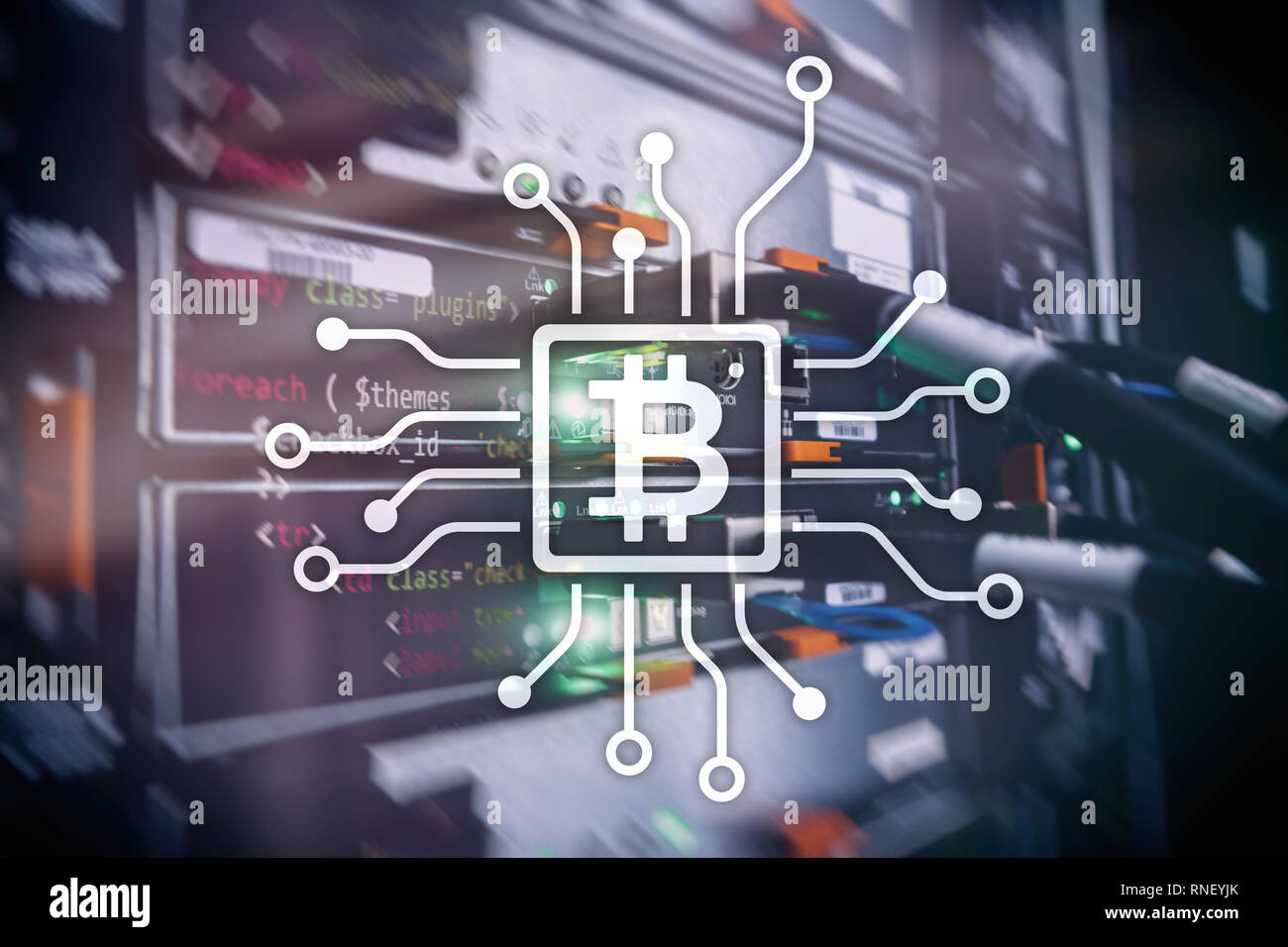 Bitcoin, Blockchain concept on server room background Stock Photo - Alamy