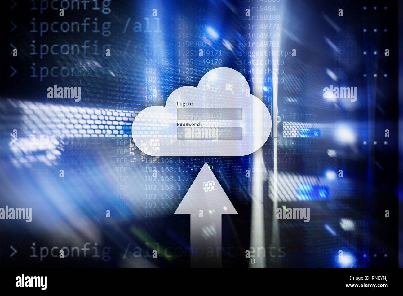 Cloud storage, data access, login and password request window on server ...