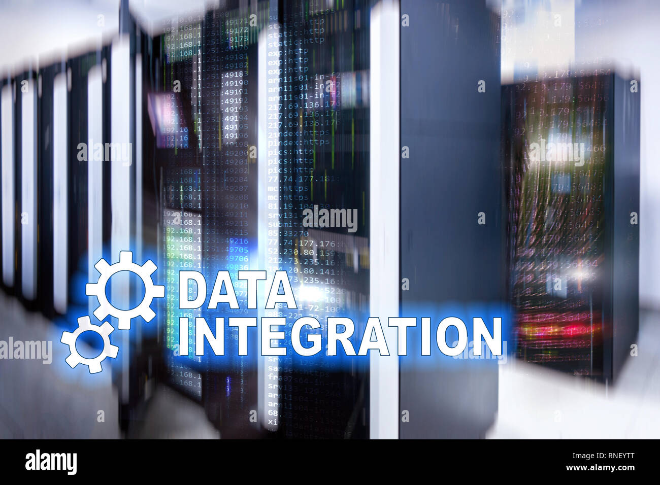 Data integration information technology concept on server room ...