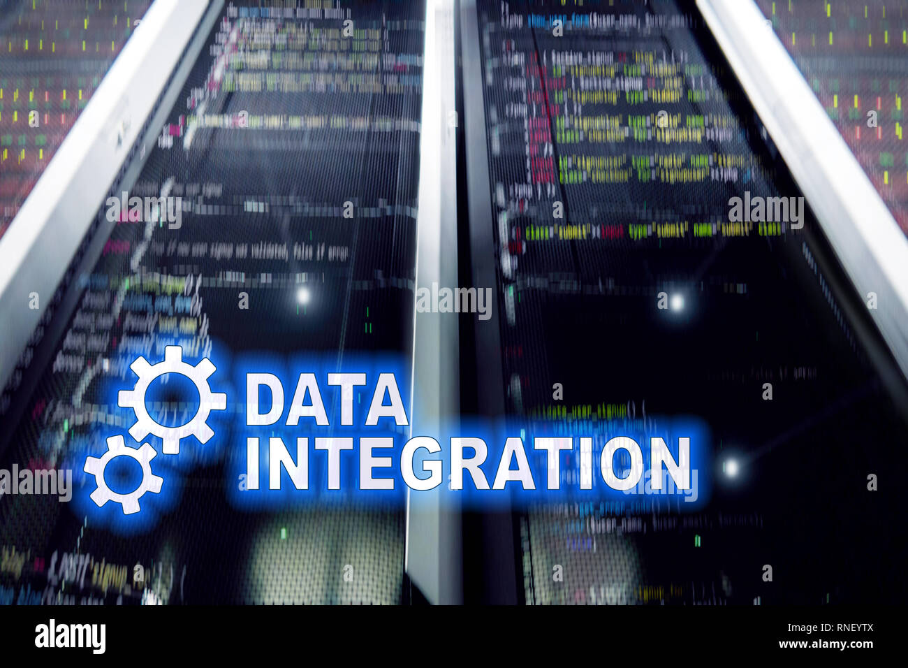 Data integration information technology concept on server room ...