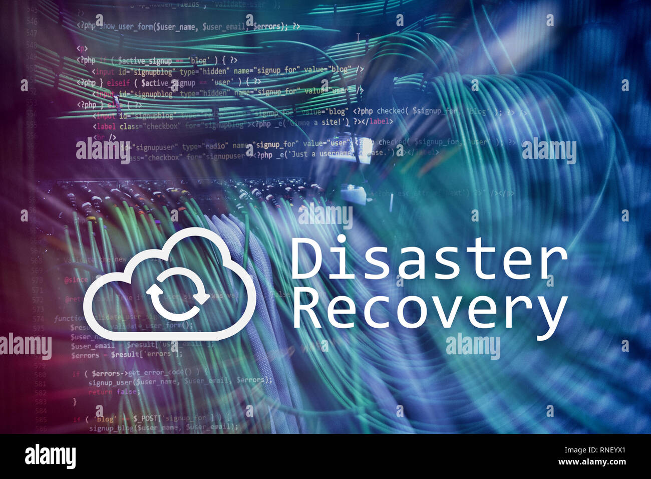 DIsaster recovery. Data loss prevention. Server room on background ...