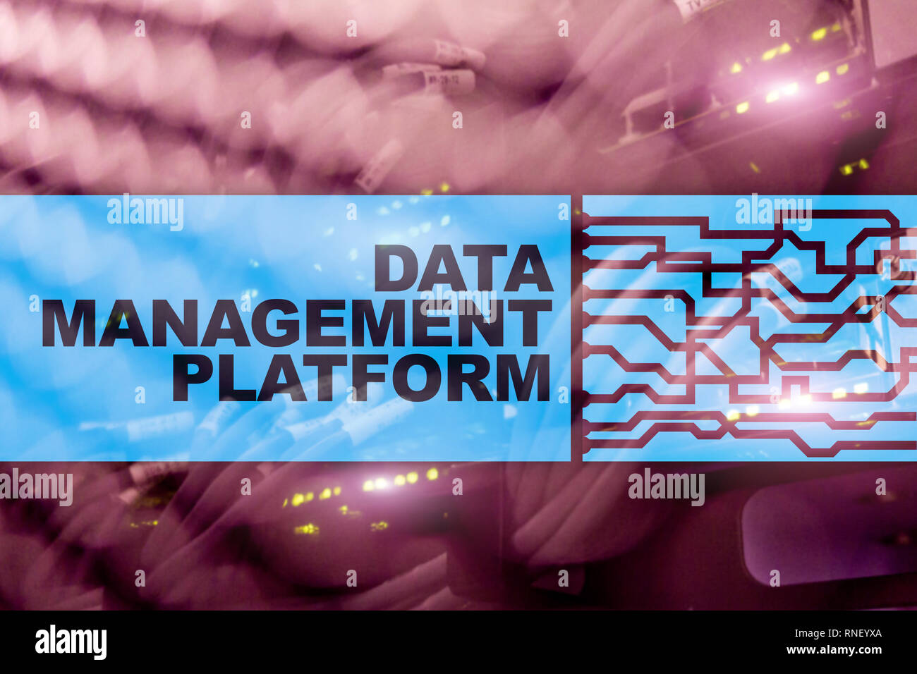Data management and analysis platform concept on server room background ...