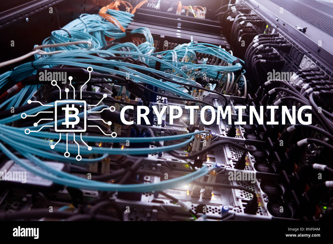 Cryptocurrency mining concept on server room background Stock Photo - Alamy