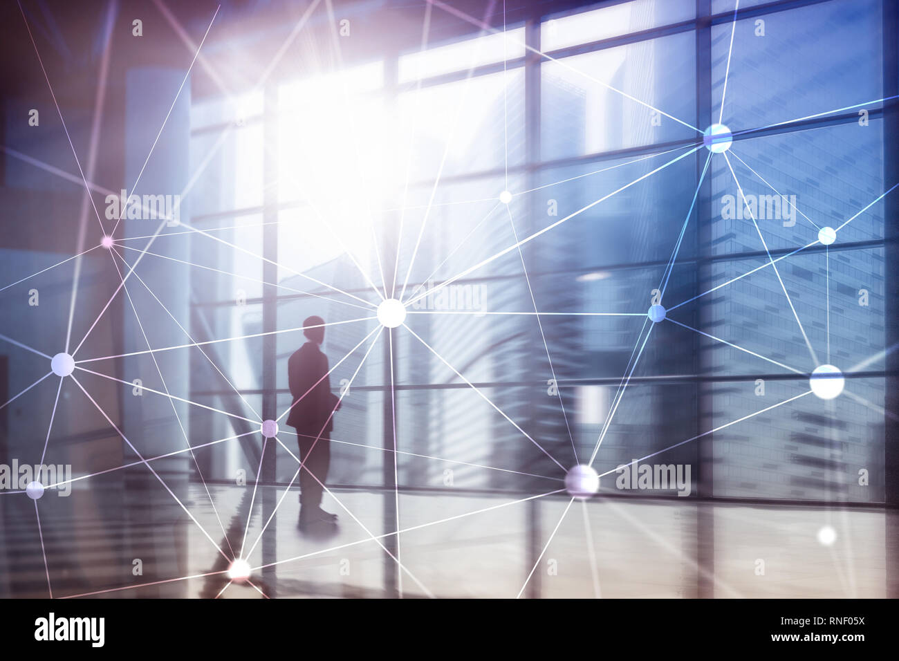 Blockchain network on blurred skyscrapers background. Financial ...