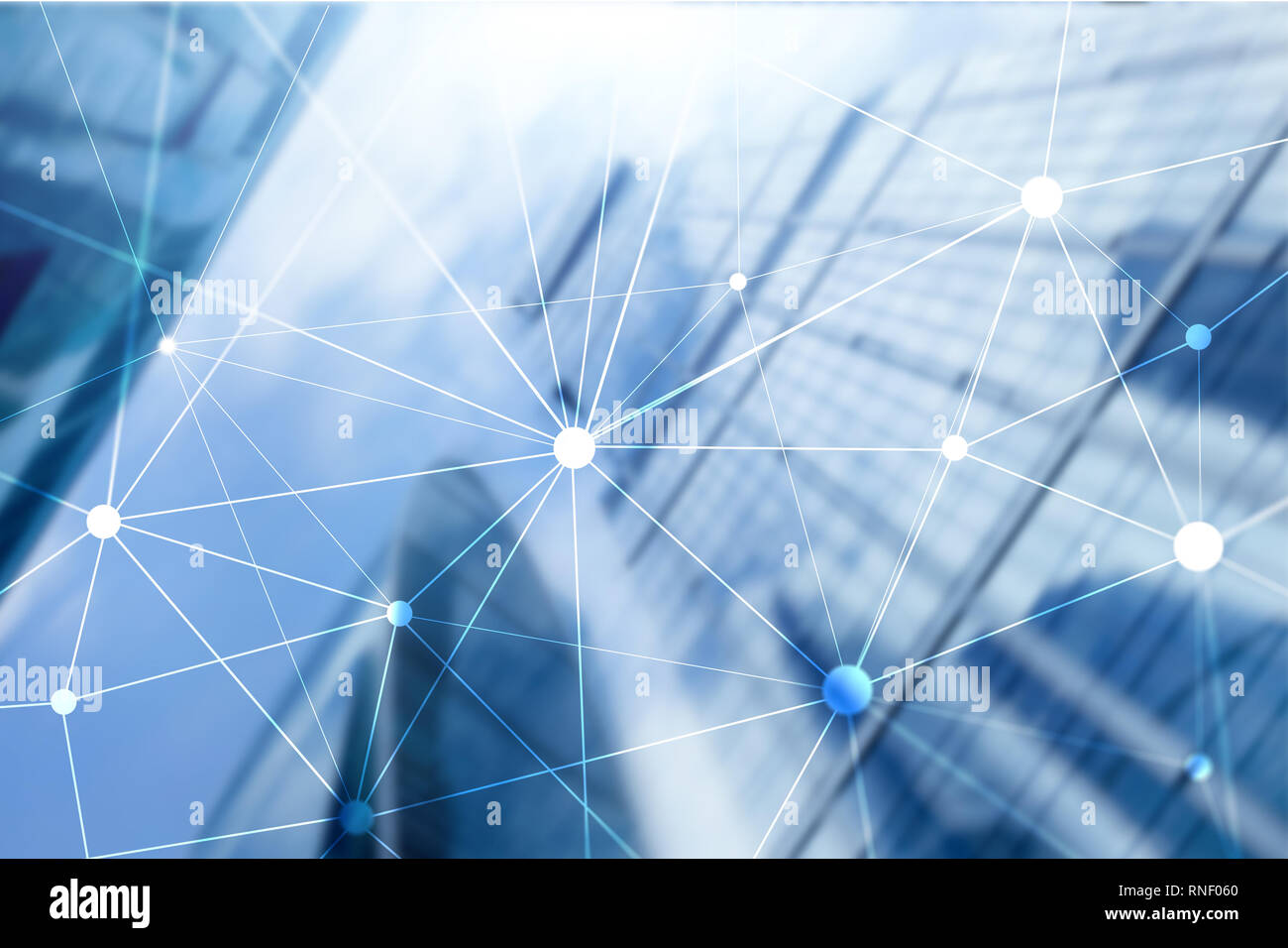 Blockchain network on blurred skyscrapers background. Financial ...