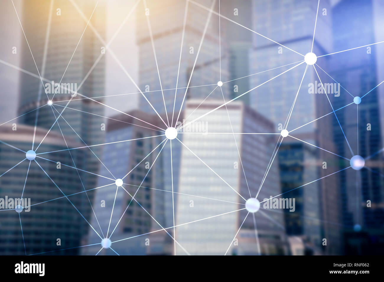 Blockchain network on blurred skyscrapers background. Financial ...