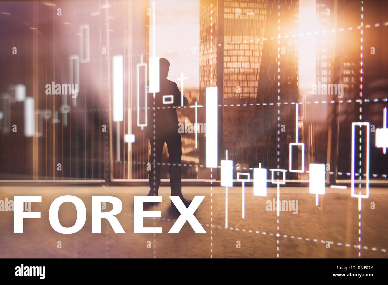 Forex trading, financial candle chart and graphs on blurred business ...