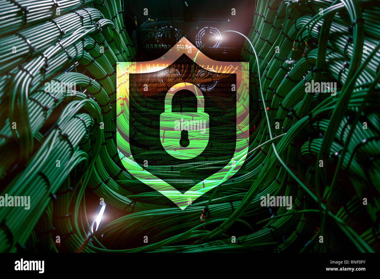 Cyber protection shield icon on server room background. Information ...