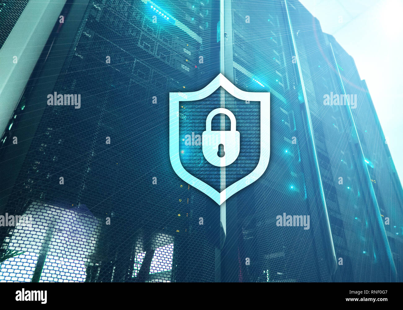 Cyber protection shield icon on server room background. Information ...