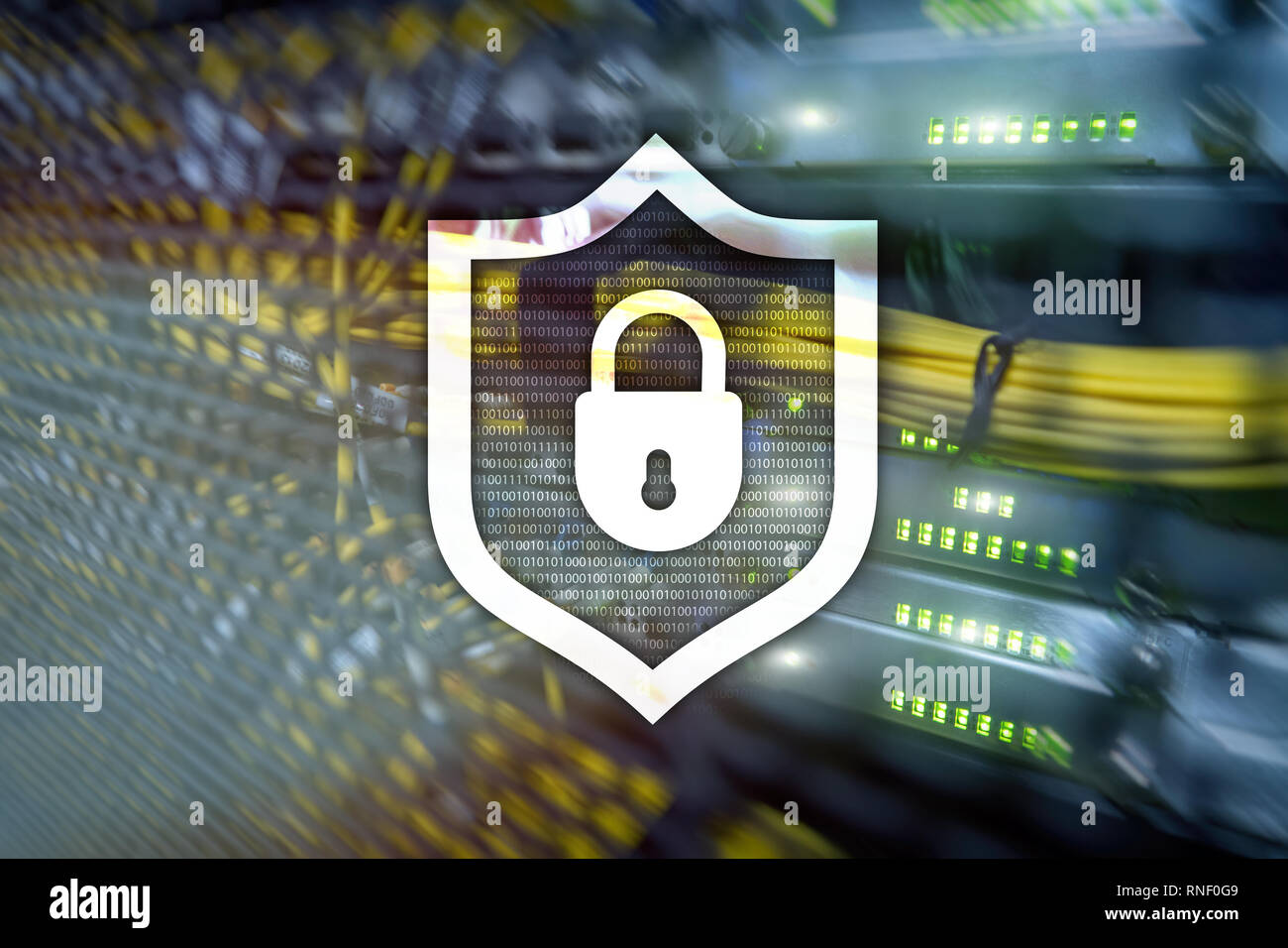 Cyber protection shield icon on server room background. Information ...