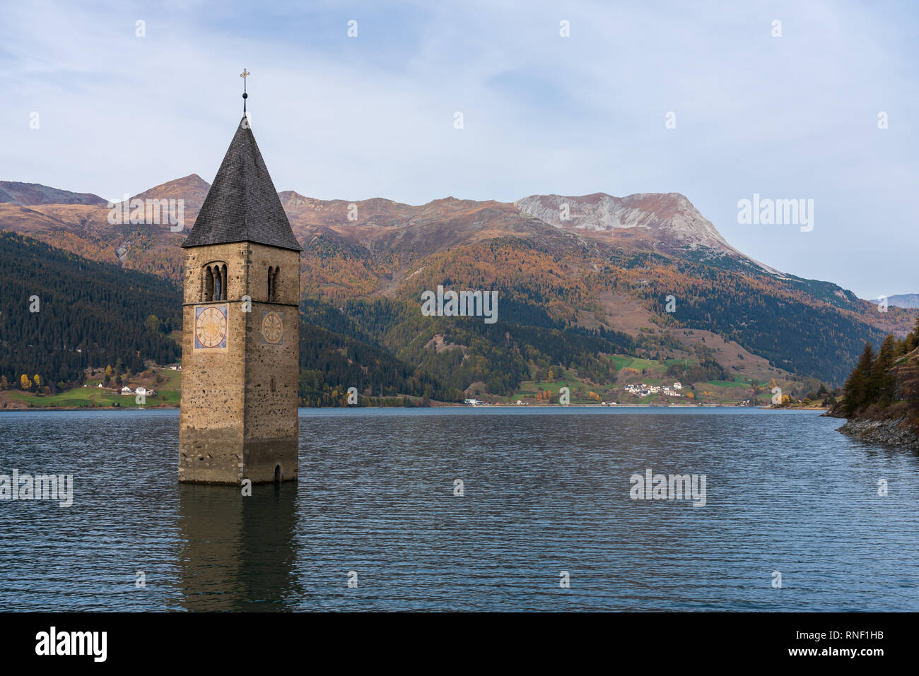 Church in the water at Lake Reschen in Tyrol in north Italy Stock Photo ...