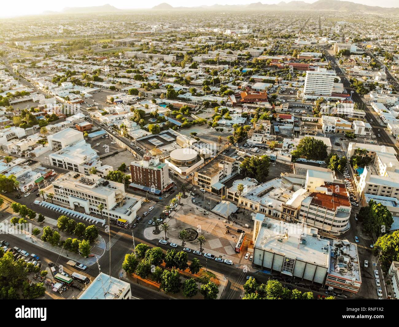Aerial view of downtown Hermosillo, Sonora. Vista aerea del centro de ...
