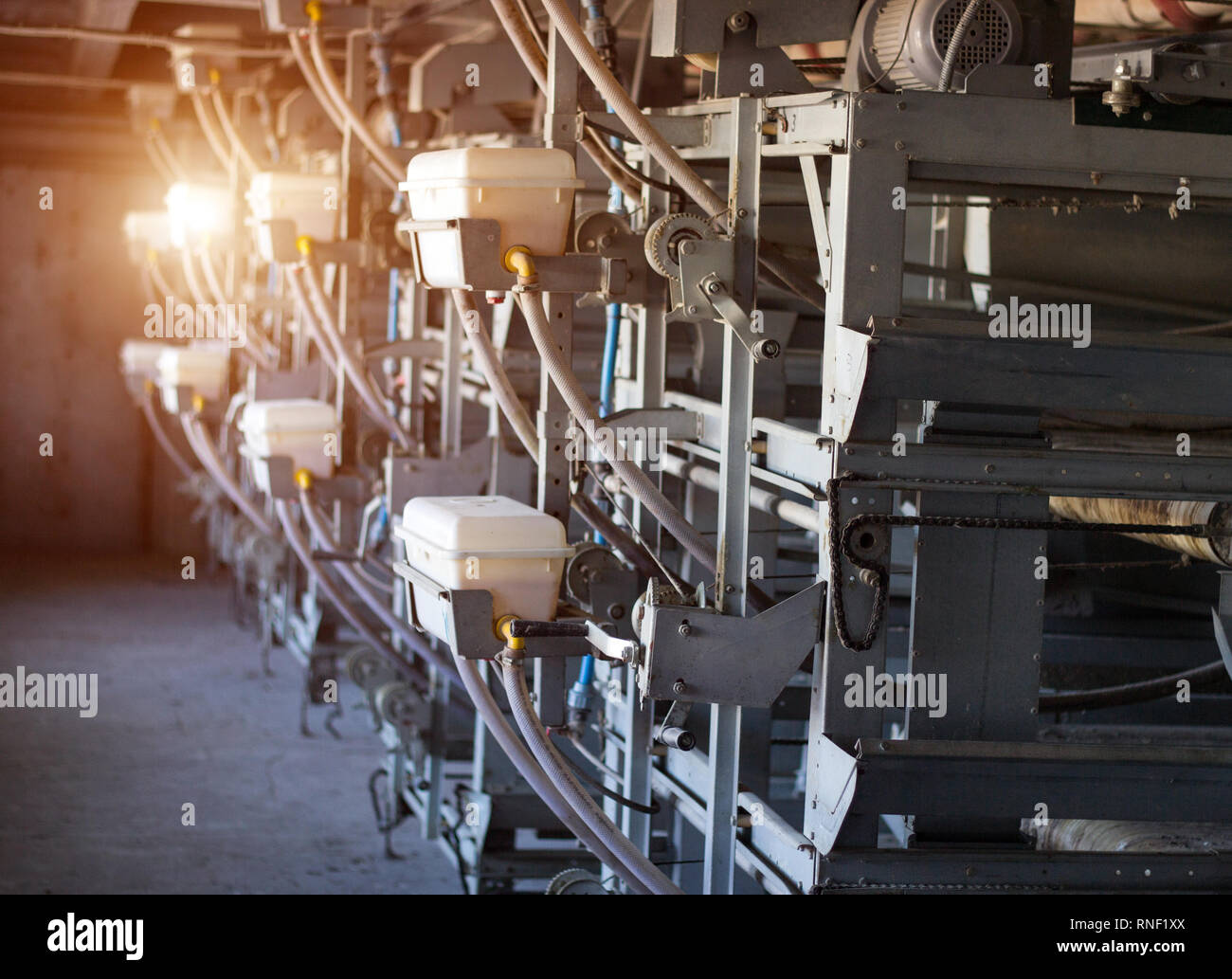 Modern poultry farming system for chickens, equipment, sun Stock Photo ...