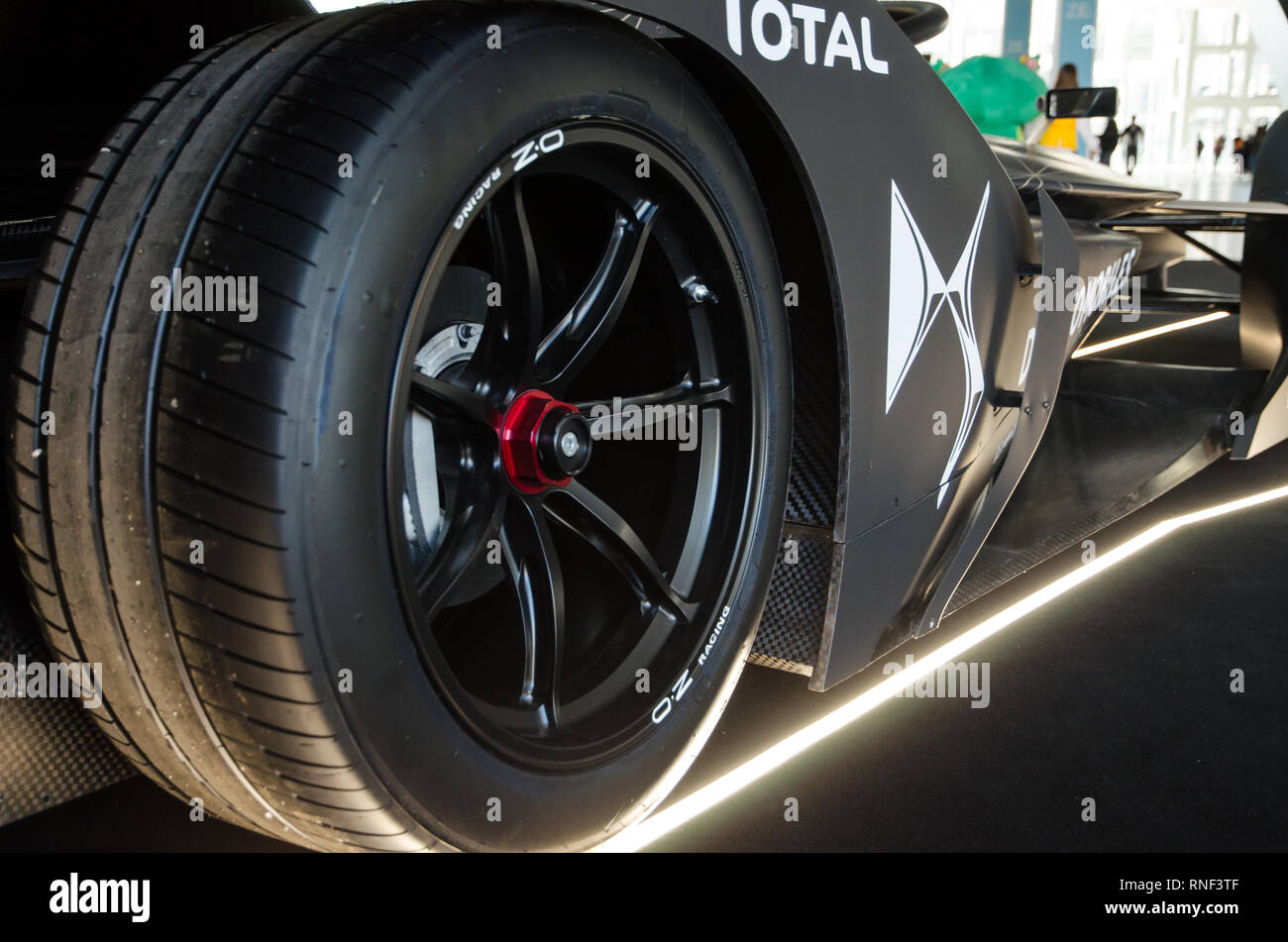 Rome, Italy. April 14, 2018. Detail of the right rear tire of a Formula ...