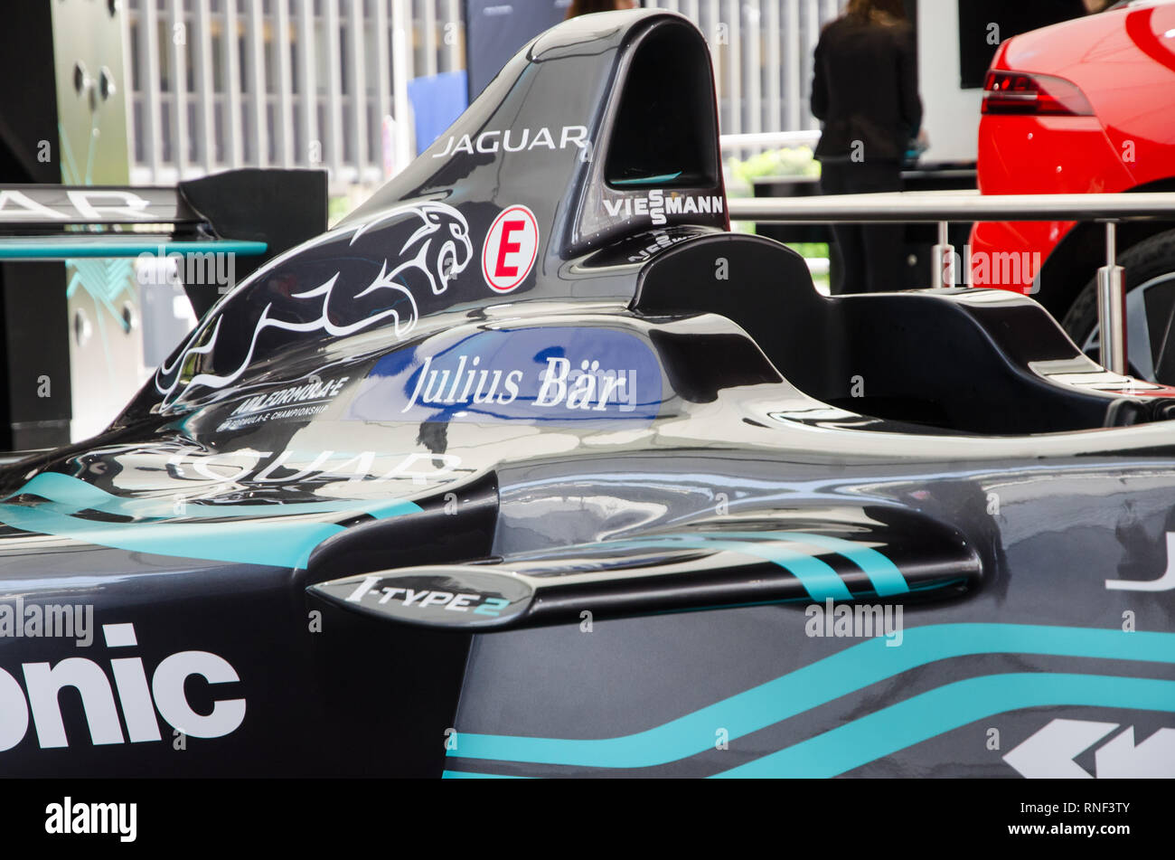 Rome, april 2018. Close-up of the fairing of the Jaguar I-TYPE 3 car ...